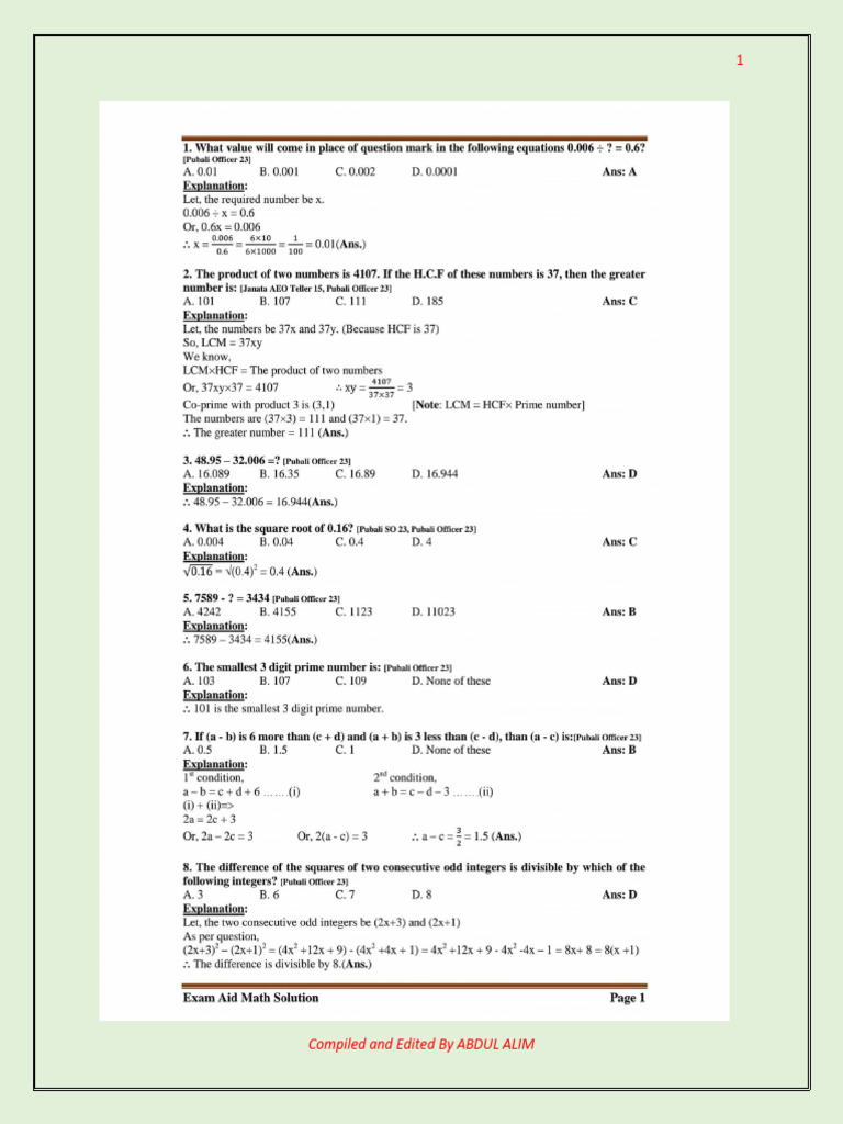 2023-24 Bank MCQ Math Solutions (By Jafar Iqbal Ansary) | PDF