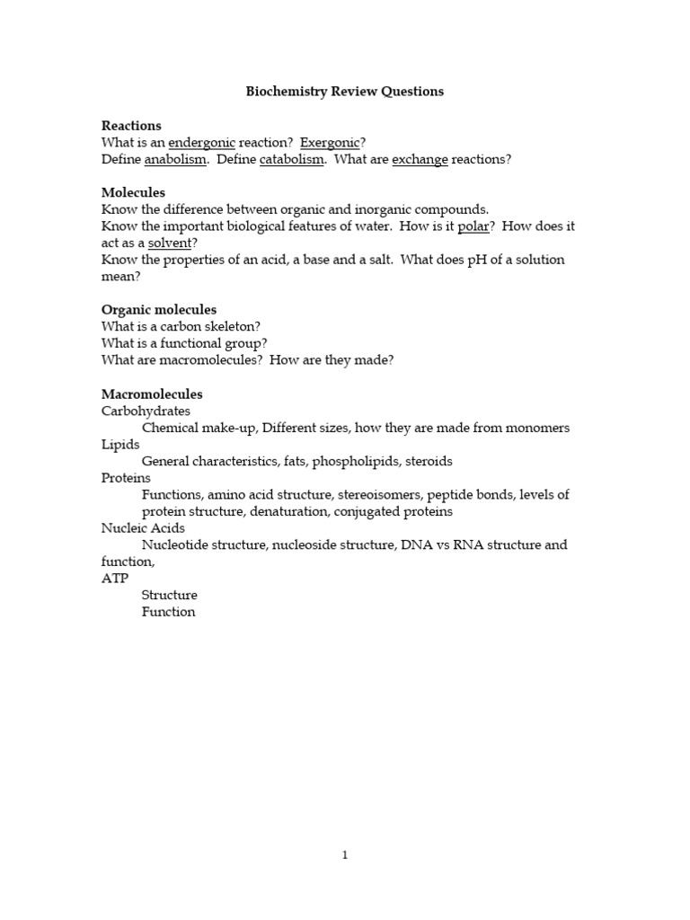 Biochemistry Review Questions & Answers | PDF | Nucleic Acids | Proteins