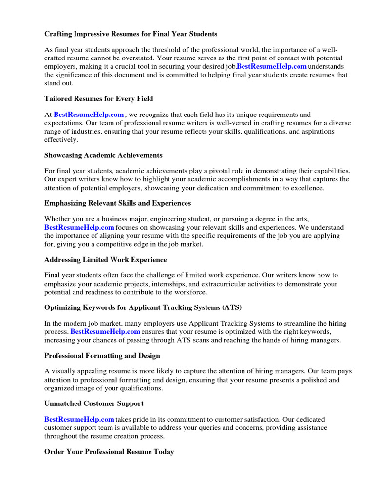Resumes for Final Year Students Guide | PDF | Résumé | Internship