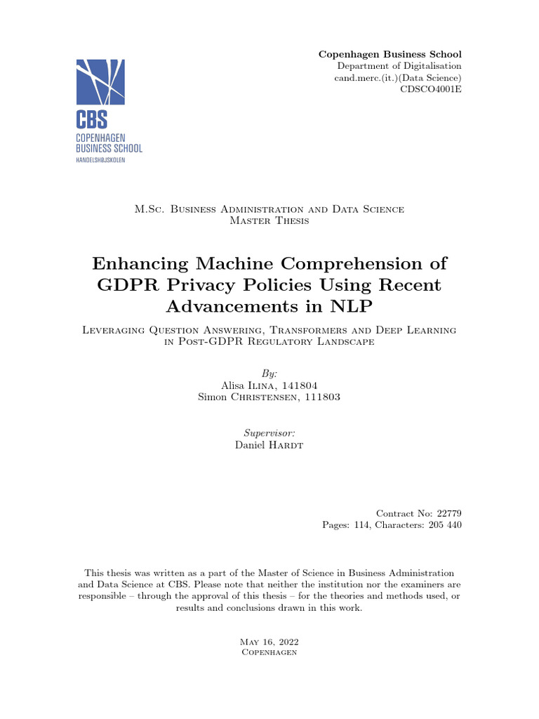 Enhancing Machine Comprehension of GDPR Privacy Policies Using Recent Advancements in NLP | PDF ...