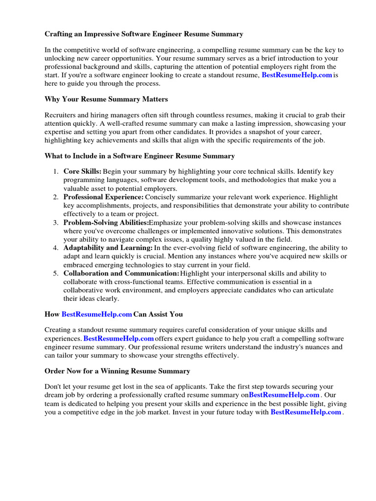 Software Engineer Resume Summary Guide | PDF | Résumé | Software