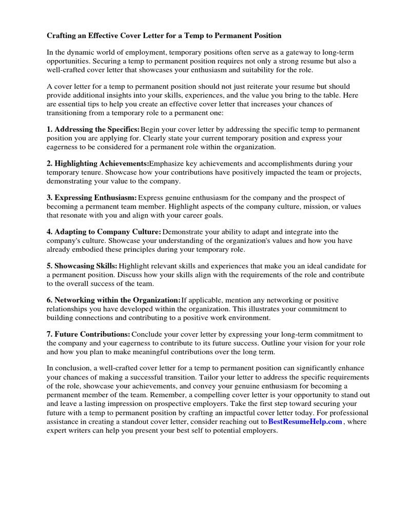 Cover Letter For Temp To Permanent Position | PDF | Résumé | Employment