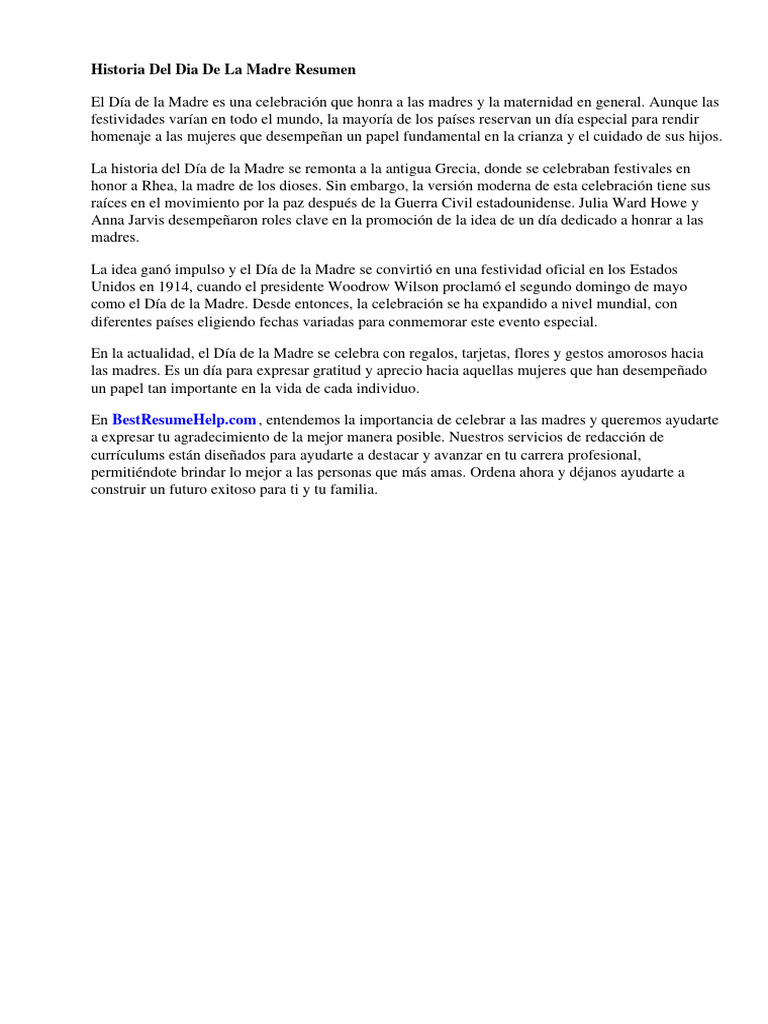 Historia Del Dia de La Madre Resumen | PDF | Bienestar