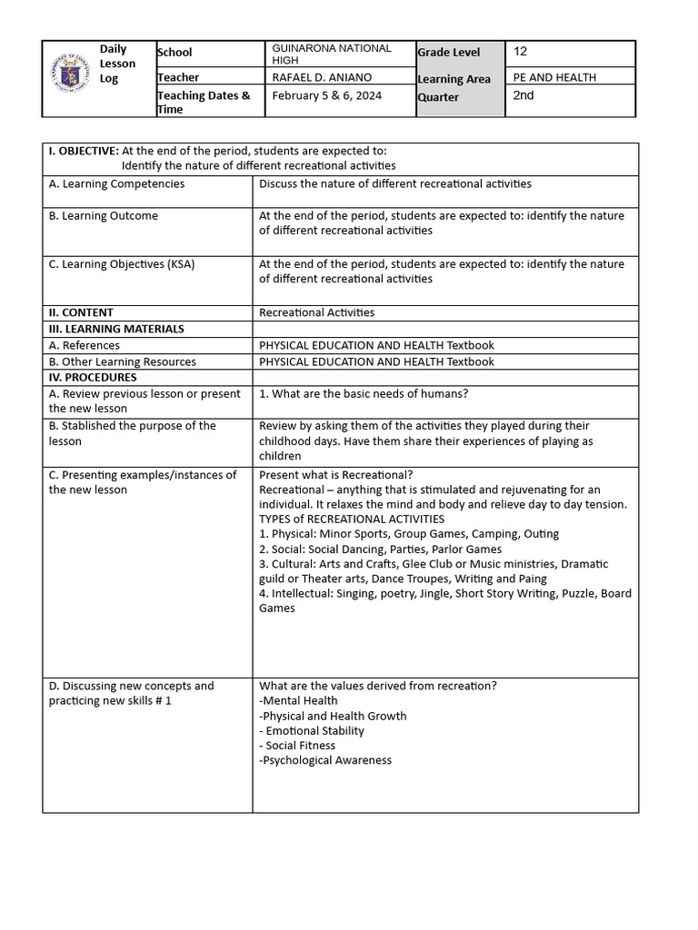 Recreational Activities Guide | PDF | Physical Education | Teachers