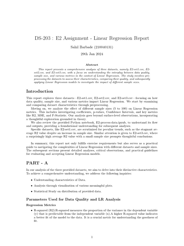 DS-203: E2 Assignment - Linear Regression Report: Sahil Barbade (210040131) 29th Jan 2024 | PDF ...