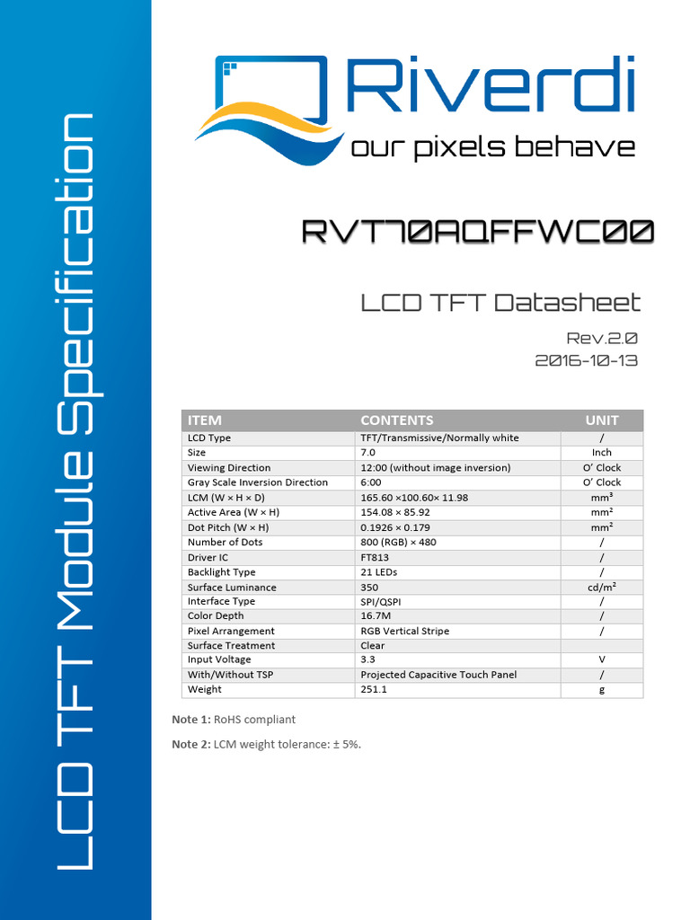 Rvt70Aqffwc00: LCD TFT Datasheet | PDF | Liquid Crystal Display ...