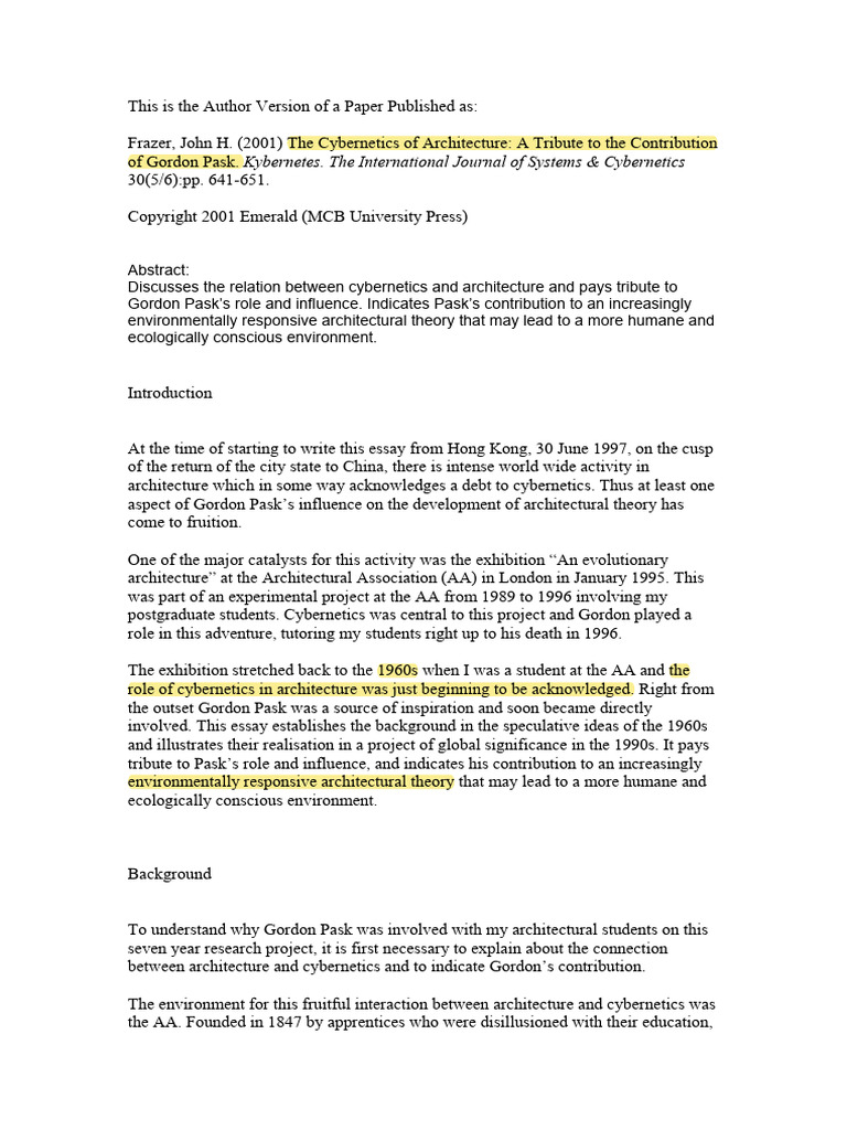 FRAZER John - The Cybernetics of Architecture | PDF | Cybernetics ...