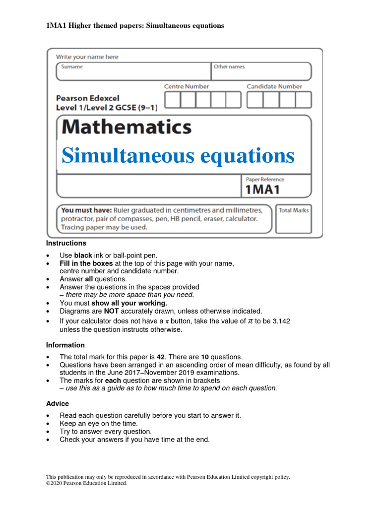 38a Simultaneous Equations - H - Question Paper | PDF | Equations ...