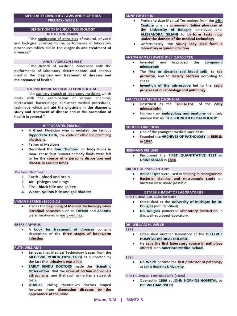 MTLB Prelims Week 1 - History of Medical Technology | Download Free PDF | Medicine | Pathology