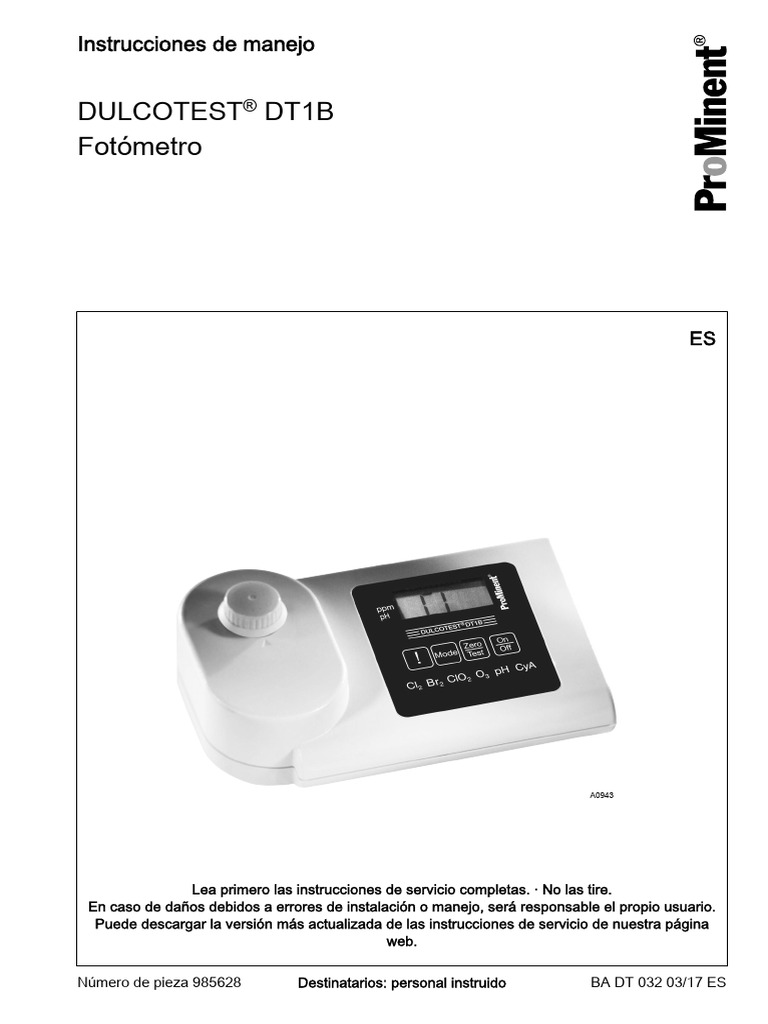 Instrucciones de Manejo Dulcotest DT1B Fótometro | PDF | Agua | Cloro