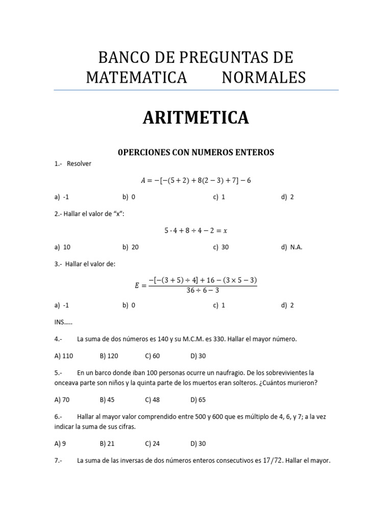 Banco de Preguntas de Matematicanormales | PDF | Matemática Elemental | Matemáticas