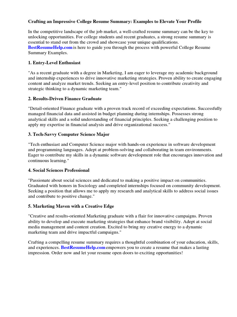 College Resume Summary Examples | PDF | Résumé | Creativity