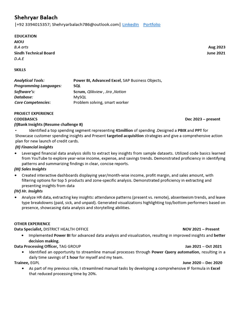 Shehryar Balach Resume | PDF | Data | Data Analysis