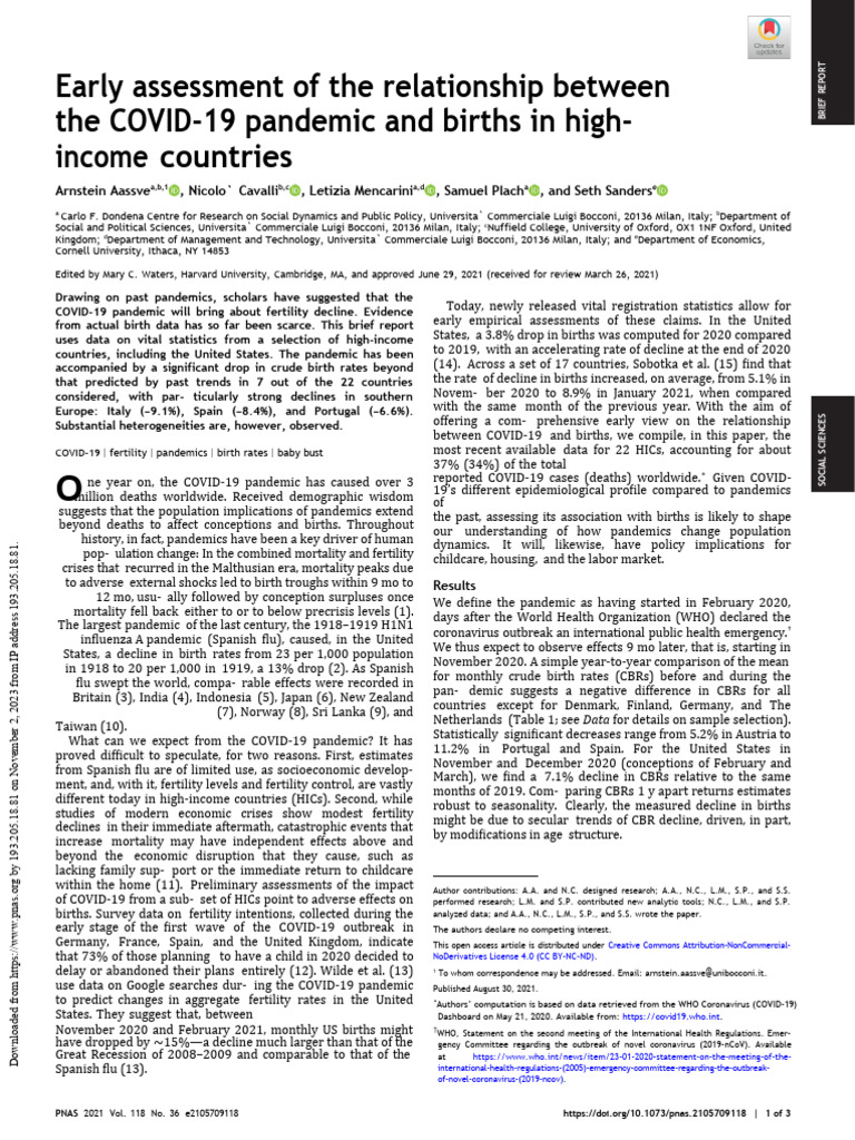 Aassve Et Al 2021 Early Assessment of The Relationship Between The Covid 19 Pandemic and Births ...