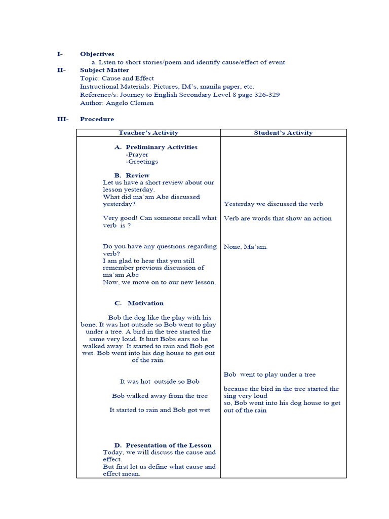 413347147-Cause-and-Effect-Detailed-Lesson-Plan | PDF | Cognitive Science