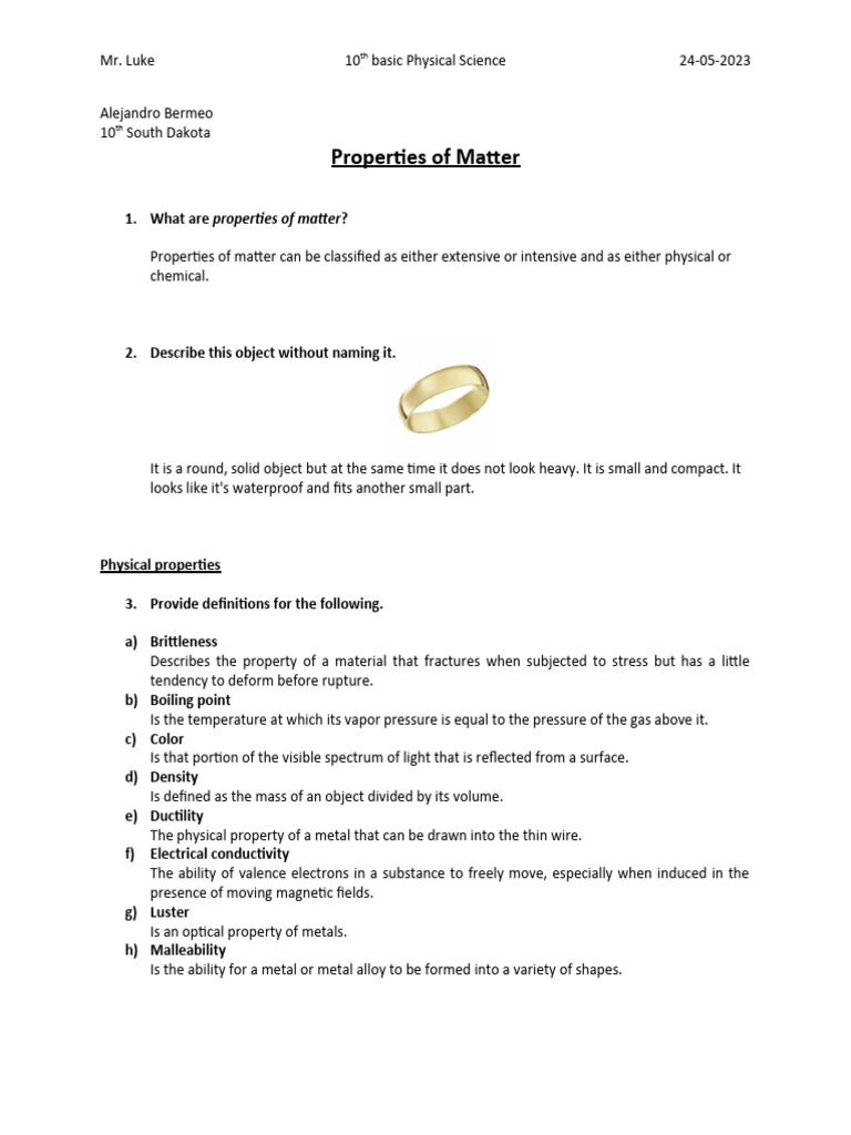 Properties of Matter Class Notes Worksheet | PDF | Combustion ...