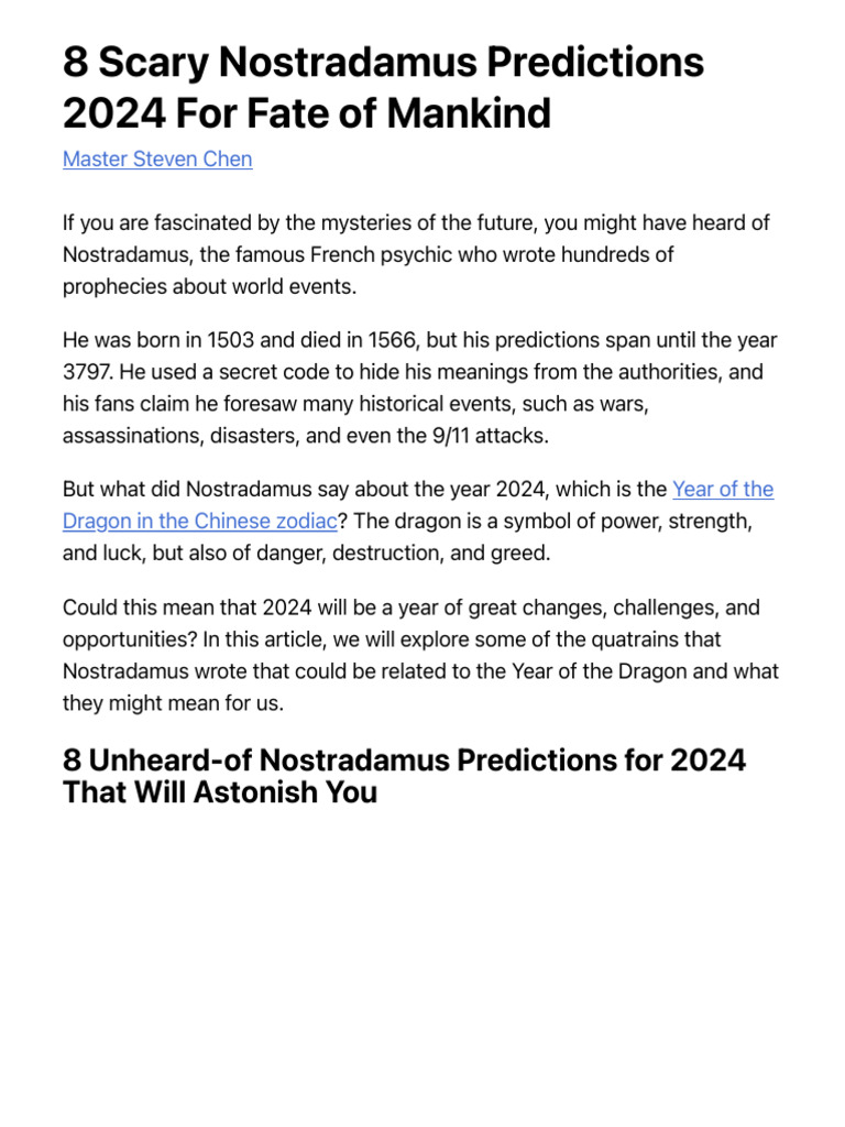 Nostradamus' 2024 Predictions Unveiled | PDF | Nostradamus | Prophecy