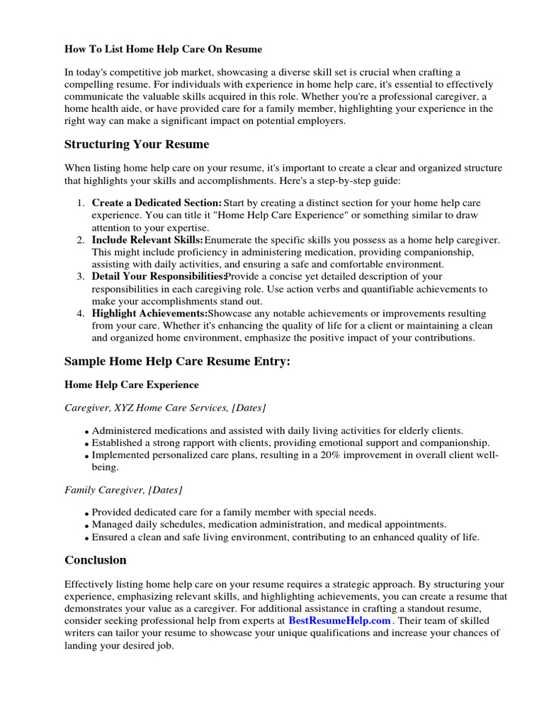How To List Home Help Care On Resume | PDF | Caregiver | Nursing