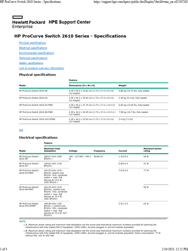 HP ProCurve Switch 2610 Series - Specifications | PDF | Computer Engineering | Electricity
