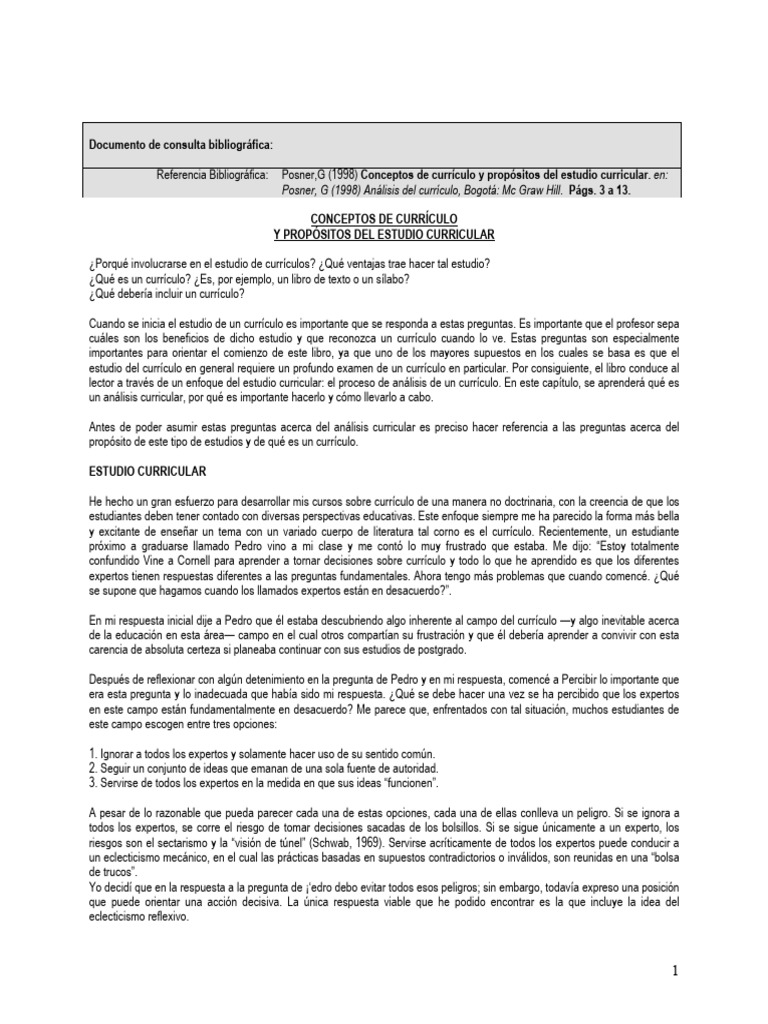 Posner Conceptos de Currículo | PDF | Plan de estudios | Enseñando