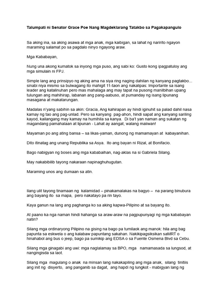 Talumpati Ni Senator Grace Poe Nang Magdeklarang Tatakbo Sa ...