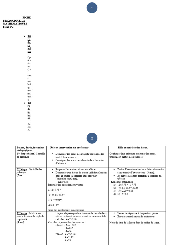 Fiche Pédagogique Maths 6ème | PDF