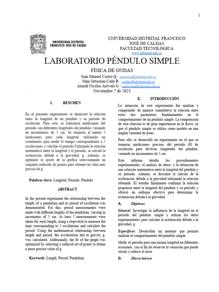 Informe Péndulo Simple | PDF | Péndulo | Oscilación