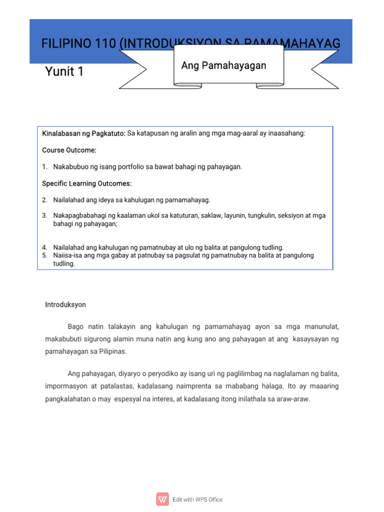 (Template) Yunit 1 - Filipino 110 (Intro Sa Pamamahayag) | PDF
