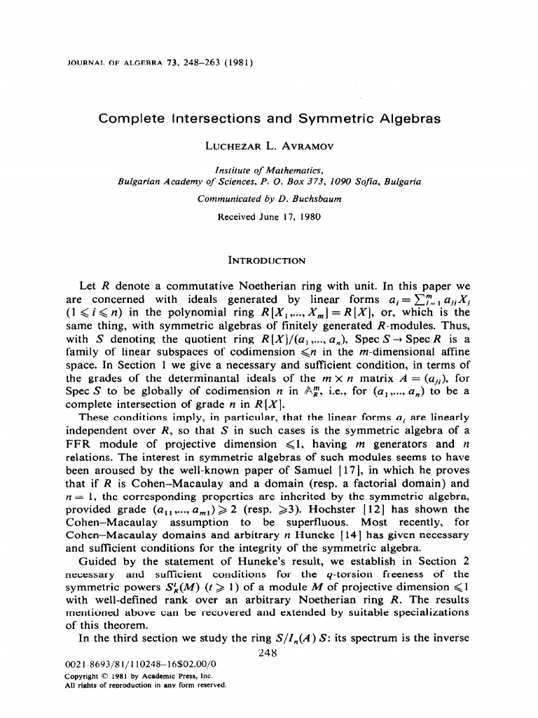 Intersection Complete and Symmetric Algebras | PDF | Ring (Mathematics ...