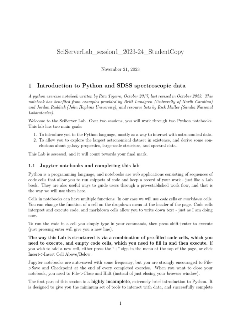 SciServerLab Session1 2023-24 Student | PDF | Control Flow | Variable (Computer Science)