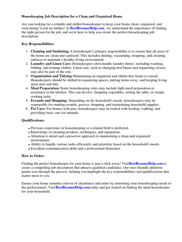 Housekeeping Job Description For Resume | Download Free PDF ...
