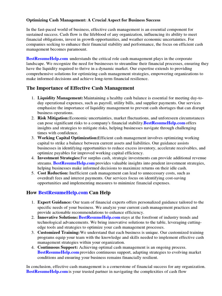 Cash Management Cover Letter | PDF | Working Capital | Financial Analyst