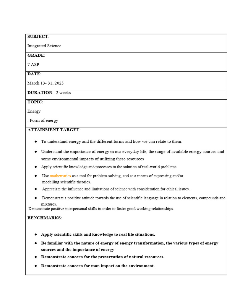 Energy Lesson Plan | Download Free PDF | Science | Kinetic Energy