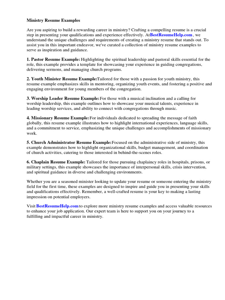 Baptist Church Youth Ministry Resume Example