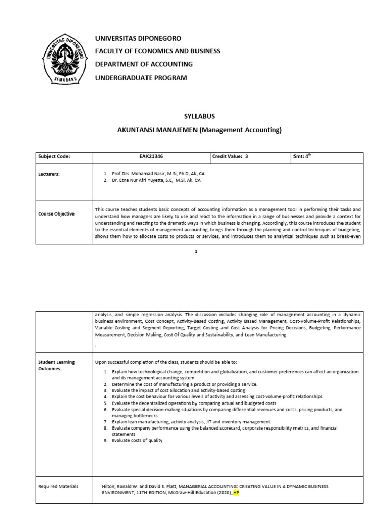 MANAGEMENT ACCOUNTING SYLLABUS Januari 2024-1 | PDF | Management ...