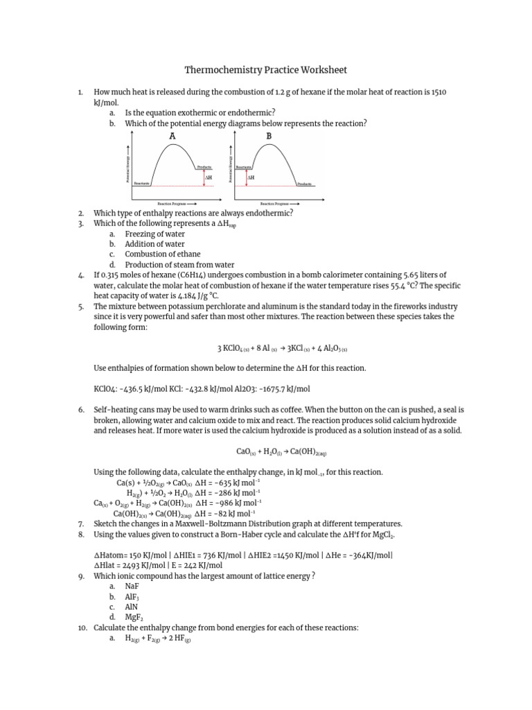 Thermochemistry, Equilibrium, Electrochemistry Review Worksheet | PDF ...