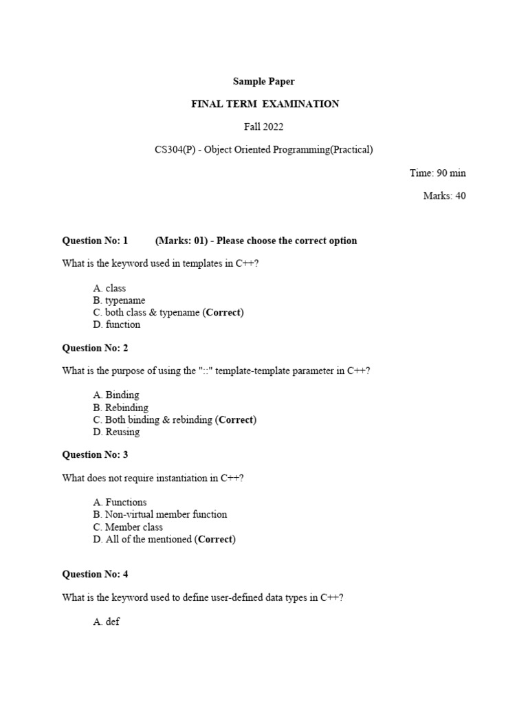 CS304 (P) - Sample Paper | PDF | Class (Computer Programming ...