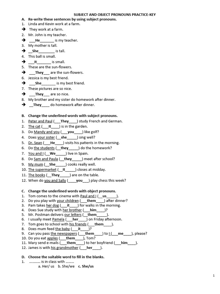 Subject and Object Pronouns Practice - Key | PDF
