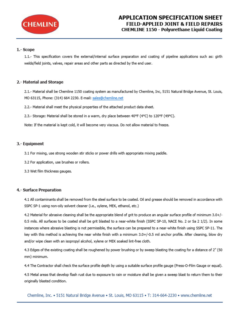 Application Spec Sheet - Chemline 1150 | PDF | Coating | Secondary ...