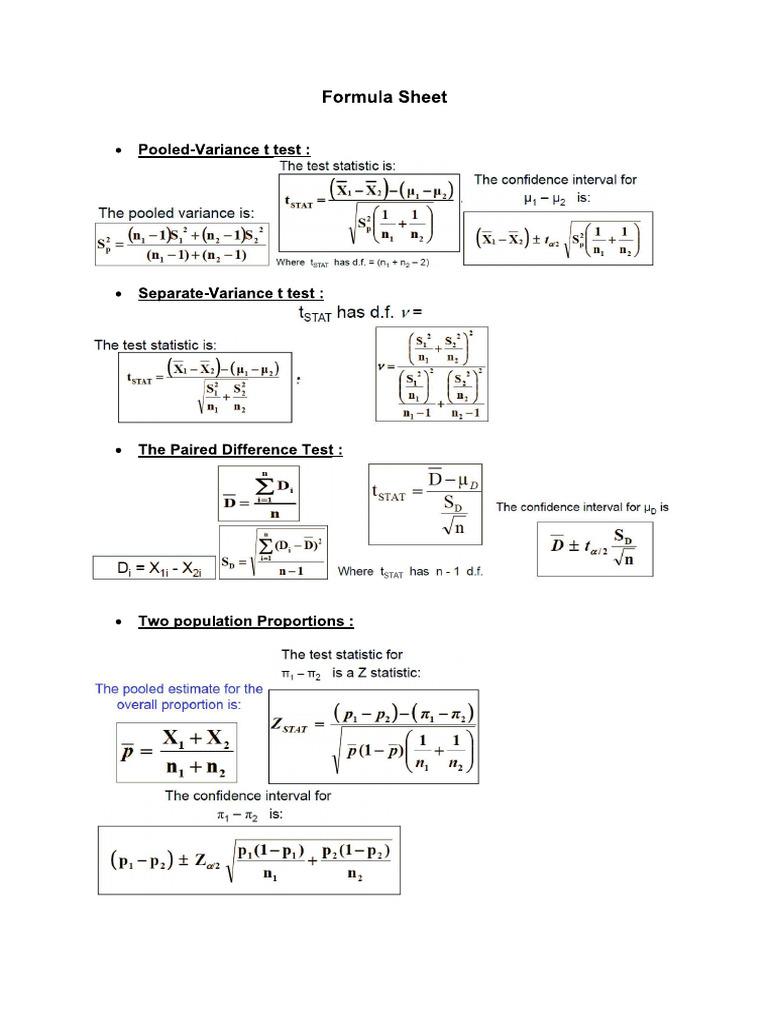 Formula Sheet Stat | PDF