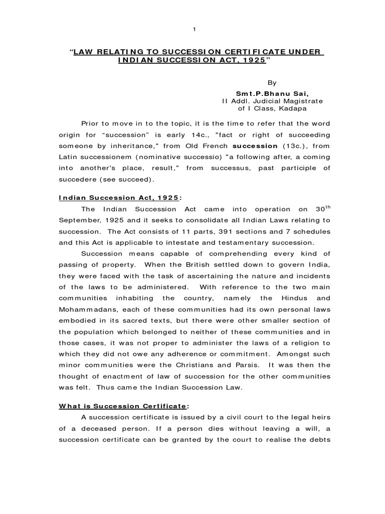 Succession Certificate Under Indian Law | PDF | Probate | Will And ...
