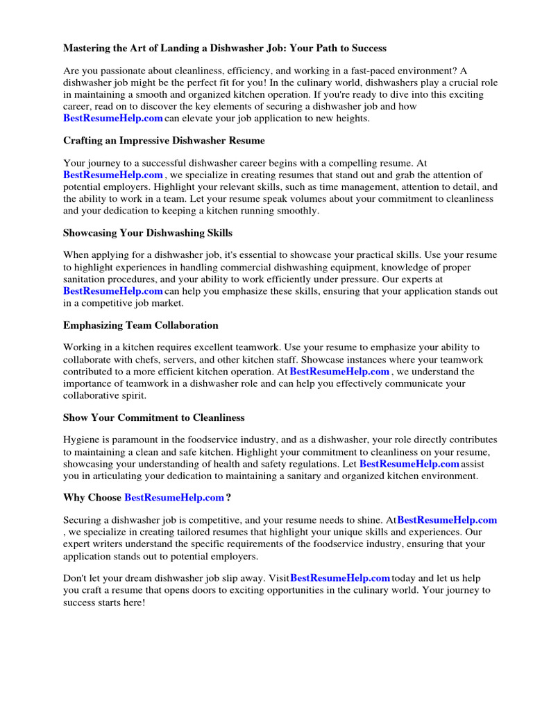 Dishwasher Job Description For Resume | PDF | Dishwasher | Tableware