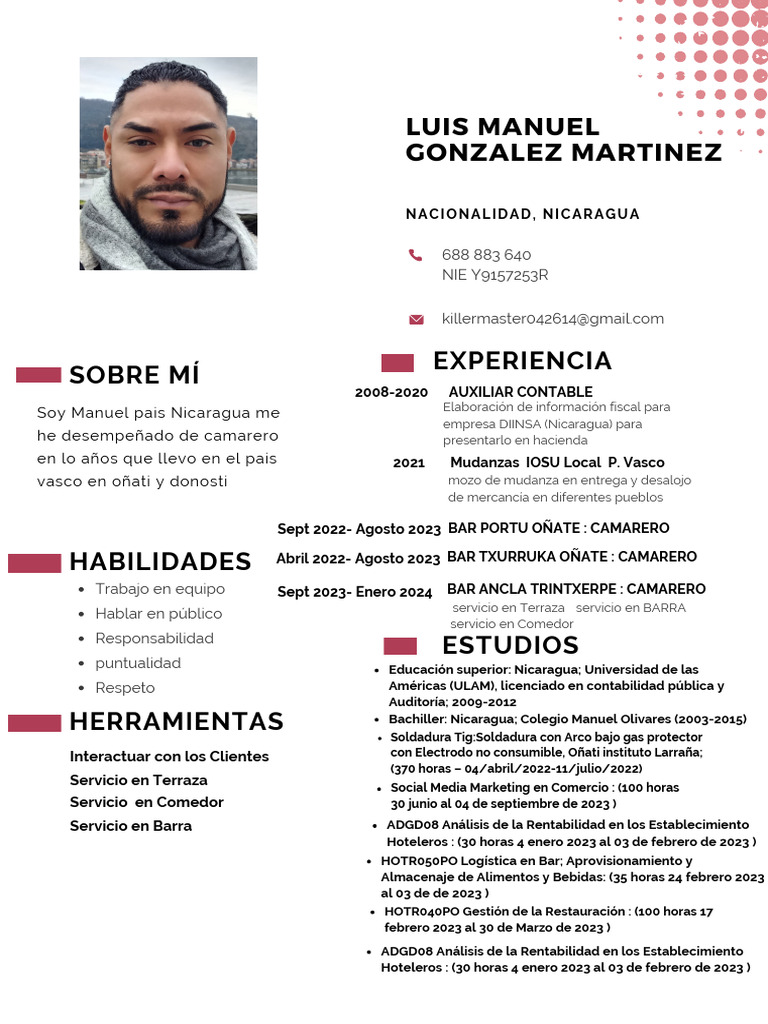 CV Manu Ok | PDF | Camareros | Economía Financiera