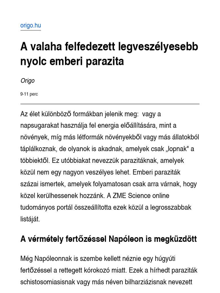 A Valaha Felfedezett Legveszélyesebb Nyolc Emberi Parazita | PDF