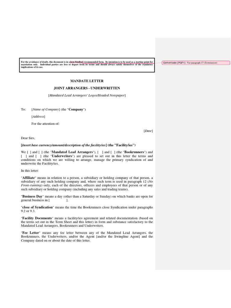 Mandate Letter for Underwritten Facilities | PDF | Syndicated Loan ...