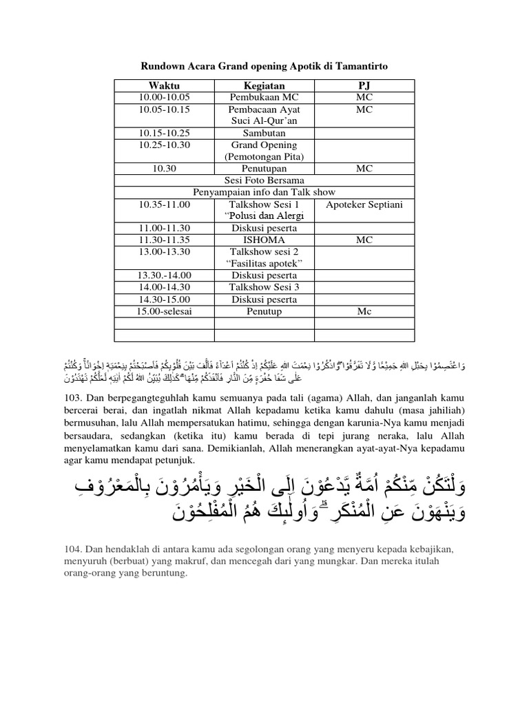 Rundown Acara Grand Opening Apotik Di Tamantirto | PDF