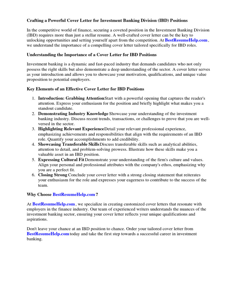Cover Letter Ibd | PDF | Investment Banking | Wealth Management