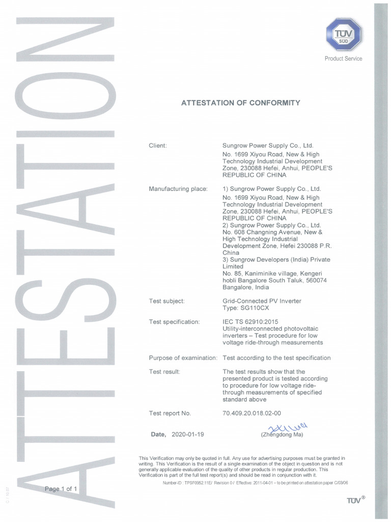 SG110CX IEC 62910 Certificate | PDF