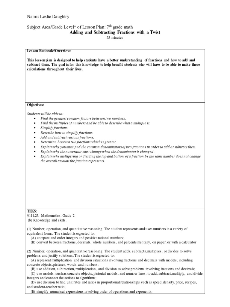 Daughtry Leslie Lesson-Plan-1q7ta8u | PDF | Numbers | Multiplication