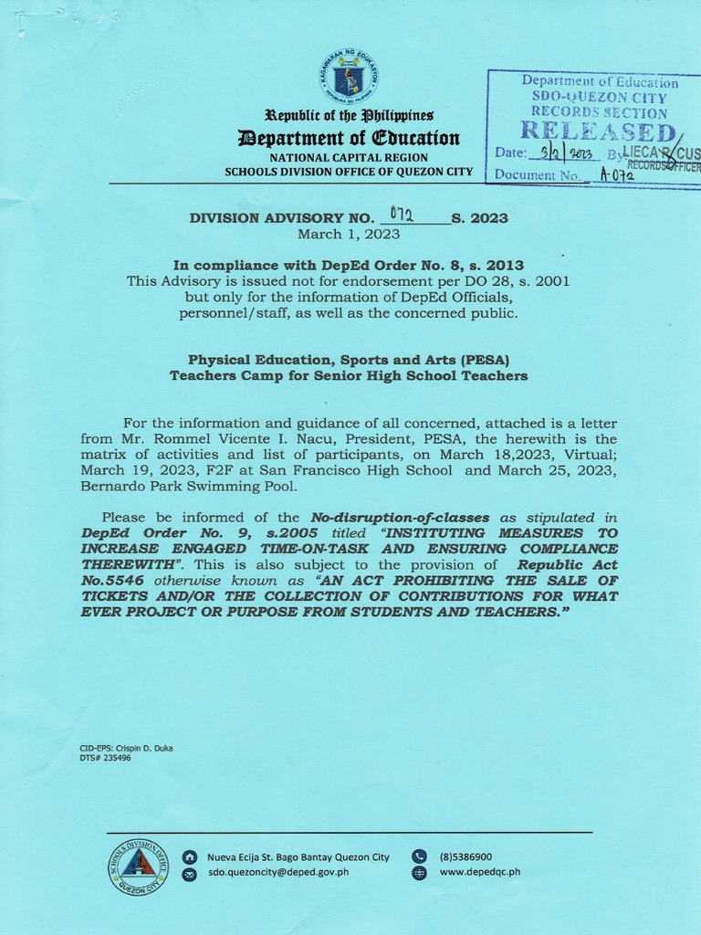Division Advisory No. 072 - Physical Education Sports and Arts Pesa ... Division Advisory No. 072 - Physical Education Sports and Arts Pesa ...